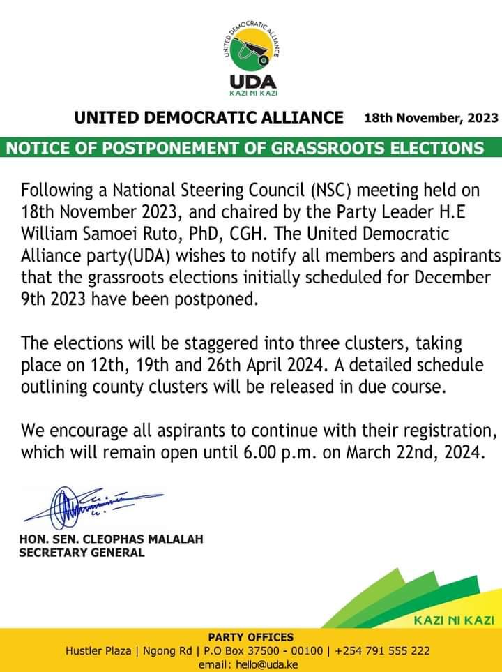 UDA Grassroots Elections Postponed to 2024 - HUBZ MEDIA